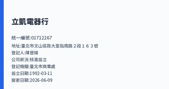 立凱電器行的照片-統編 01712267(臺北市) 公司登記資料與營業項目詳細圖表