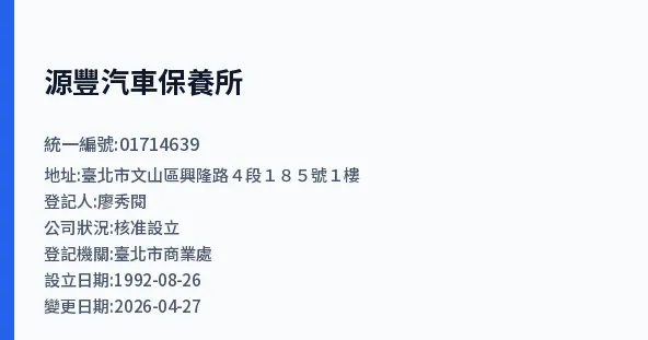 源豐汽車保養所的照片-統編 01714639(臺北市) 公司登記資料與營業項目詳細圖表