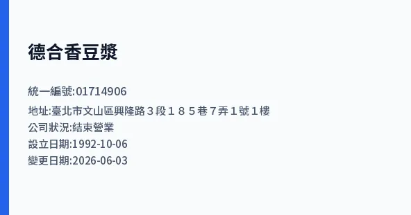 德合香豆漿的照片-統編 01714906(臺北市) 公司登記資料與營業項目詳細圖表