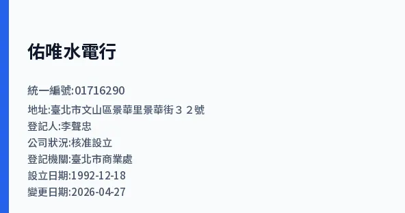 佑唯水電行的照片-統編 01716290(臺北市) 公司登記資料與營業項目詳細圖表