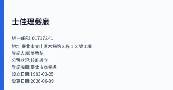 士佳理髮廳的照片-統編 01717241(臺北市) 公司登記資料與營業項目詳細圖表