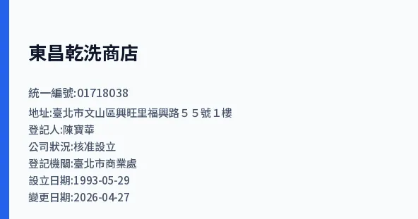 東昌乾洗商店的照片-統編 01718038(臺北市) 公司登記資料與營業項目詳細圖表