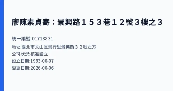 廖陳素貞寄:景興路153巷12號3樓之3的照片-統編 01718831(臺北市) 公司登記資料與營業項目詳細圖表