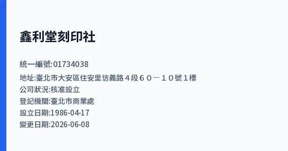 鑫利堂刻印社的照片-統編 01734038(臺北市) 公司登記資料與營業項目詳細圖表