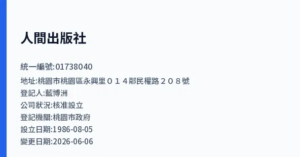 人間出版社的照片-統編 01738040(桃園市) 公司登記資料與營業項目詳細圖表