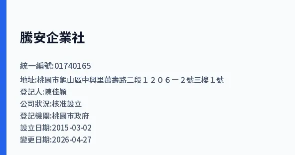 騰安企業社的照片-統編 01740165(桃園市) 公司登記資料與營業項目詳細圖表