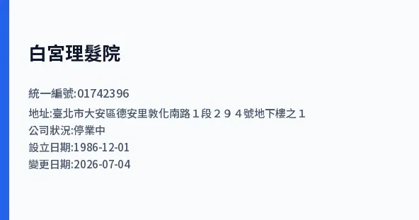 白宮理髮院的照片-統編 01742396(臺北市) 公司登記資料與營業項目詳細圖表