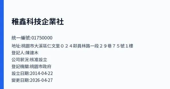 稚鑫科技企業社的照片-統編 01750000(桃園市) 公司登記資料與營業項目詳細圖表