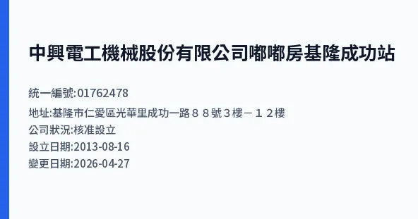 中興電工機械股份有限公司嘟嘟房基隆成功站的照片-統編 01762478(基隆市) 公司登記資料與營業項目詳細圖表