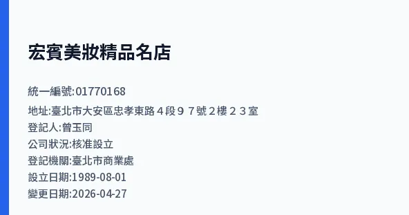 宏賓美妝精品名店的照片-統編 01770168(臺北市) 公司登記資料與營業項目詳細圖表