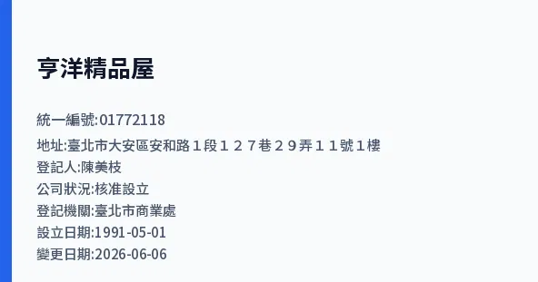 亨洋精品屋的照片-統編 01772118(臺北市) 公司登記資料與營業項目詳細圖表