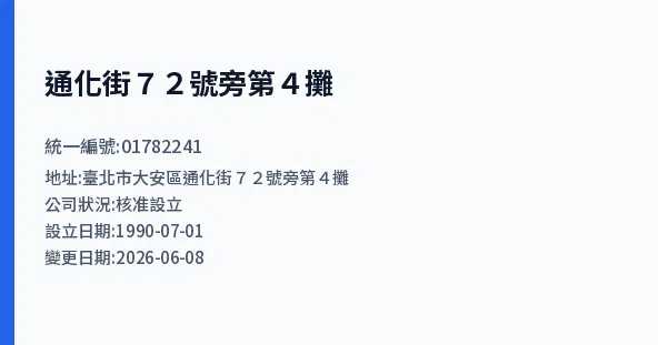 通化街72號旁第4攤的照片-統編 01782241(臺北市) 公司登記資料與營業項目詳細圖表
