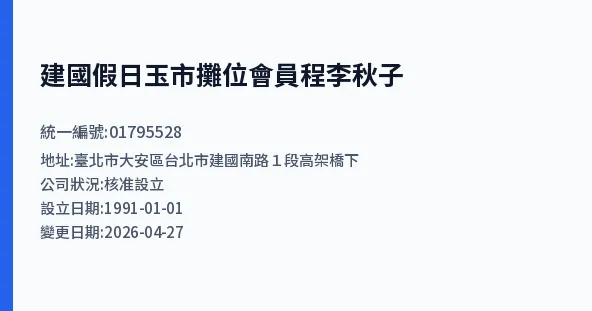 建國假日玉市攤位會員程李秋子的照片-統編 01795528(臺北市) 公司登記資料與營業項目詳細圖表