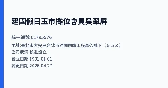 建國假日玉市攤位會員吳翠屏的照片-統編 01795576(臺北市) 公司登記資料與營業項目詳細圖表