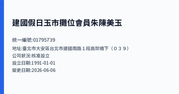 建國假日玉市攤位會員朱陳美玉的照片-統編 01795739(臺北市) 公司登記資料與營業項目詳細圖表