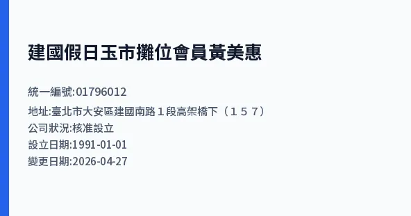 建國假日玉市攤位會員黃美惠的照片-統編 01796012(臺北市) 公司登記資料與營業項目詳細圖表