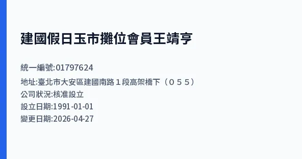 建國假日玉市攤位會員王靖亨的照片-統編 01797624(臺北市) 公司登記資料與營業項目詳細圖表