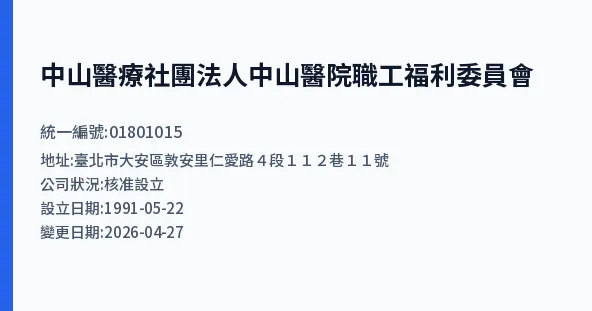 中山醫療社團法人中山醫院職工福利委員會的照片-統編 01801015(臺北市) 公司登記資料與營業項目詳細圖表