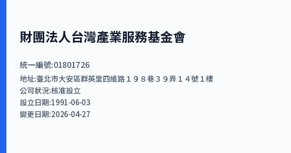 財團法人台灣產業服務基金會的照片-統編 01801726(臺北市) 公司登記資料與營業項目詳細圖表