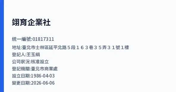 翊育企業社的照片-統編 01817311(臺北市) 公司登記資料與營業項目詳細圖表
