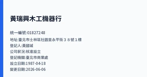 黃瑞興木工機器行的照片-統編 01827248(臺北市) 公司登記資料與營業項目詳細圖表