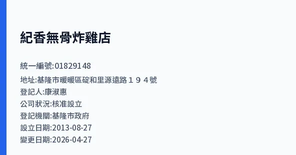 紀香無骨炸雞店的照片-統編 01829148(基隆市) 公司登記資料與營業項目詳細圖表
