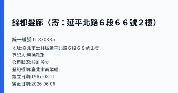 錦都髮廊(寄:延平北路6段66號2樓)的照片-統編 01830335(臺北市) 公司登記資料與營業項目詳細圖表