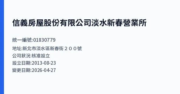 信義房屋股份有限公司淡水新春營業所的照片-統編 01830779(新北市) 公司登記資料與營業項目詳細圖表