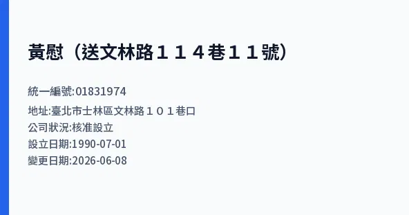 黃慰(送文林路114巷11號)的照片-統編 01831974(臺北市) 公司登記資料與營業項目詳細圖表
