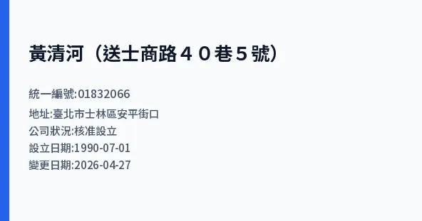 黃清河(送士商路40巷5號)的照片-統編 01832066(臺北市) 公司登記資料與營業項目詳細圖表