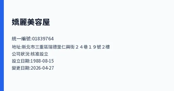 嬌麗美容屋的照片-統編 01839764(新北市) 公司登記資料與營業項目詳細圖表