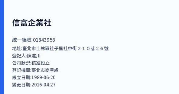 信富企業社的照片-統編 01843958(臺北市) 公司登記資料與營業項目詳細圖表