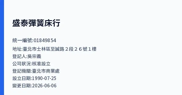 盛泰彈簧床行的照片-統編 01849854(臺北市) 公司登記資料與營業項目詳細圖表