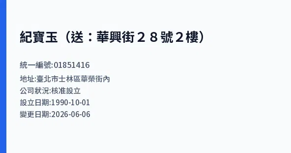 紀寶玉(送:華興街28號2樓)的照片-統編 01851416(臺北市) 公司登記資料與營業項目詳細圖表