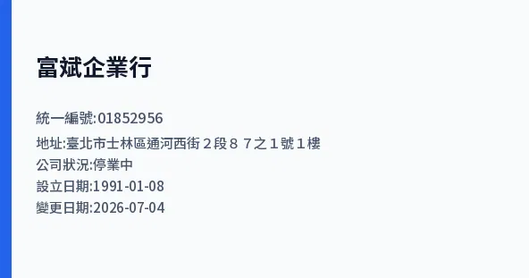 富斌企業行的照片-統編 01852956(臺北市) 公司登記資料與營業項目詳細圖表