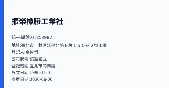 振榮橡膠工業社的照片-統編 01853982(臺北市) 公司登記資料與營業項目詳細圖表