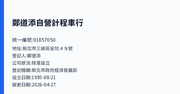 鄭道添自營計程車行的照片-統編 01857050(新北市) 公司登記資料與營業項目詳細圖表