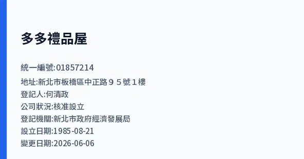 多多禮品屋的照片-統編 01857214(新北市) 公司登記資料與營業項目詳細圖表