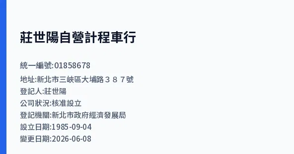 莊世陽自營計程車行的照片-統編 01858678(新北市) 公司登記資料與營業項目詳細圖表