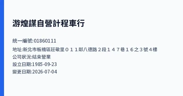 游煌謀自營計程車行的照片-統編 01860111(新北市) 公司登記資料與營業項目詳細圖表