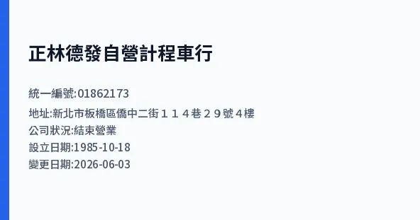 正林德發自營計程車行的照片-統編 01862173(新北市) 公司登記資料與營業項目詳細圖表