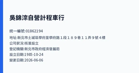 吳錦淙自營計程車行的照片-統編 01862194(新北市) 公司登記資料與營業項目詳細圖表