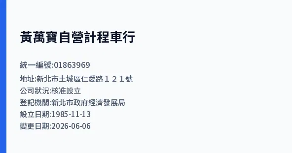 黃萬寶自營計程車行的照片-統編 01863969(新北市) 公司登記資料與營業項目詳細圖表
