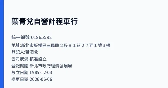 葉青兌自營計程車行的照片-統編 01865592(新北市) 公司登記資料與營業項目詳細圖表