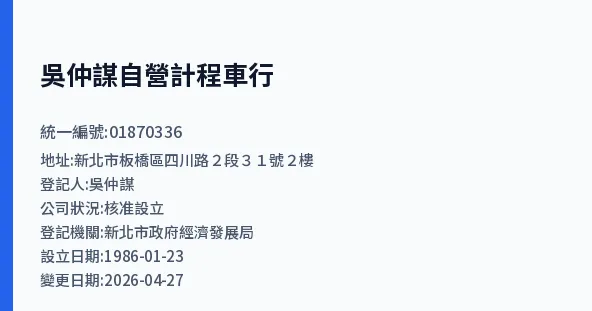 吳仲謀自營計程車行的照片-統編 01870336(新北市) 公司登記資料與營業項目詳細圖表