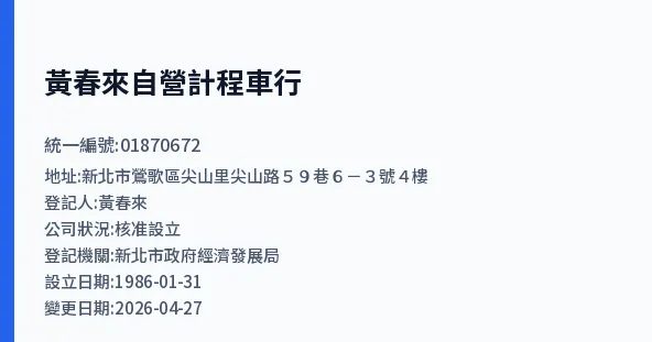 黃春來自營計程車行的照片-統編 01870672(新北市) 公司登記資料與營業項目詳細圖表