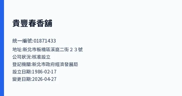 貴豐春香舖的照片-統編 01871433(新北市) 公司登記資料與營業項目詳細圖表