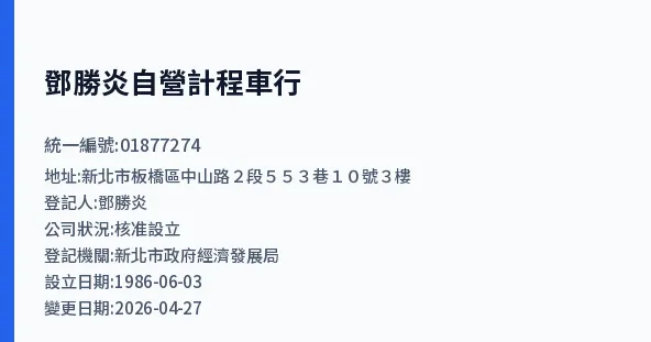 鄧勝炎自營計程車行的照片-統編 01877274(新北市) 公司登記資料與營業項目詳細圖表