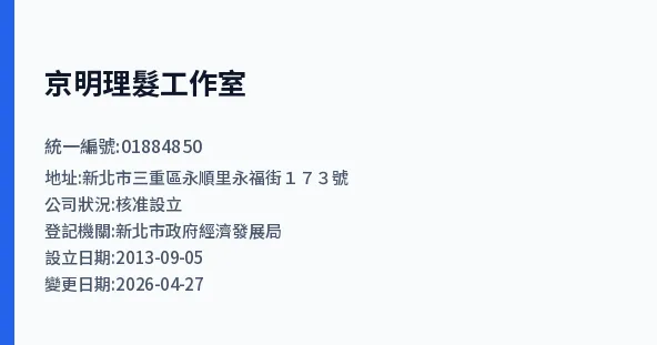 京明理髮工作室的照片-統編 01884850(新北市) 公司登記資料與營業項目詳細圖表