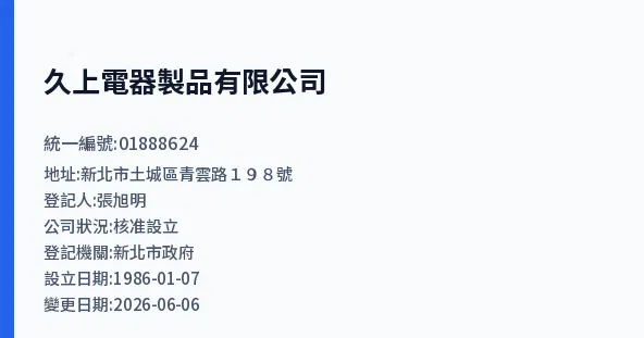 久上電器製品有限公司的照片-統編 01888624(新北市) 公司登記資料與營業項目詳細圖表
